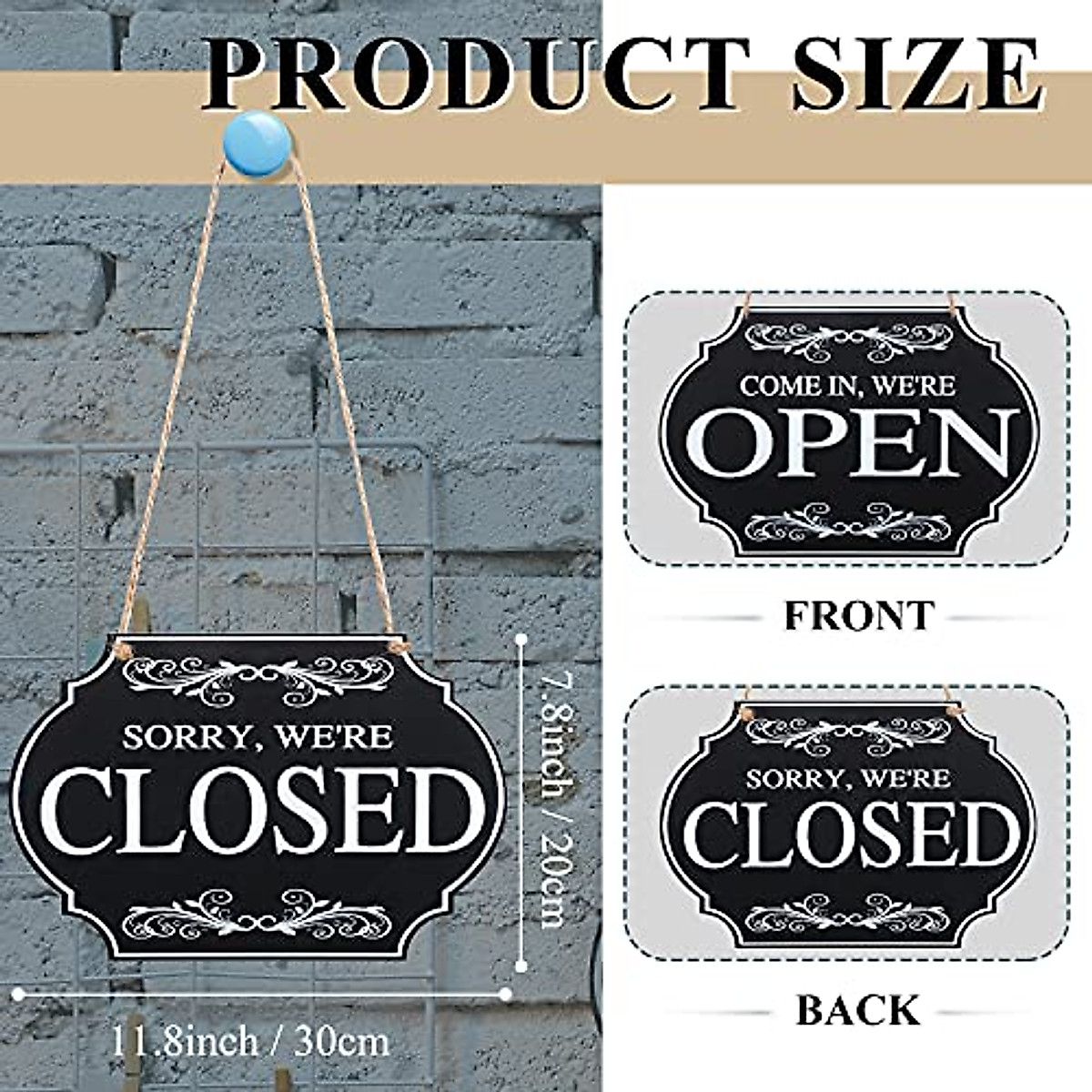 Rustic Wooden Store Open and Closed Business Sign Two Sided Reversible Come In We're Open or Closed Store Hanging Sign for Coffee Bar Shop Door Window, 11.8 x 7.8 Inch (Black Board, White Words)