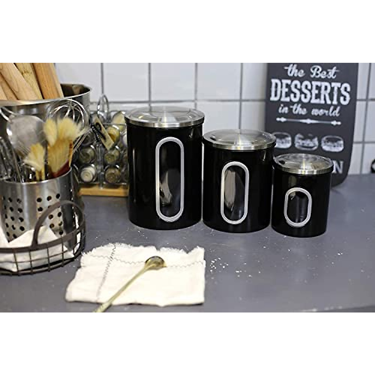Fortune Candy Stainless Steel Canister Sets with Anti-Fingerprint Lid and Visible Window, Cereal Container Set of 3 (Black)