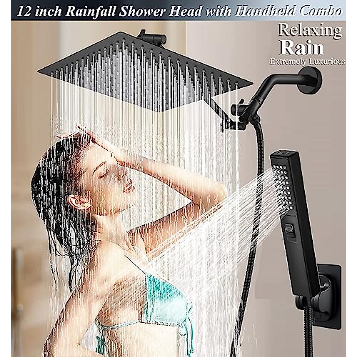 Shower Head Combo,12 Inch High Pressure Rain Shower Head with 13 Inch Adjustable Extension Arm and 2 in1 Settings Handheld,Powerful Shower Spray Against Low Pressure Water with Long Hose(Black)
