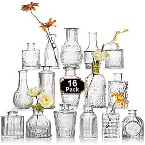 Arme 16Pcs Glass Bud Vase Set，Small Flower Vase for Centerpieces，Clear Bud Vases in Bulk， Mini Vintage Vase for Rustic Wedding Decorations