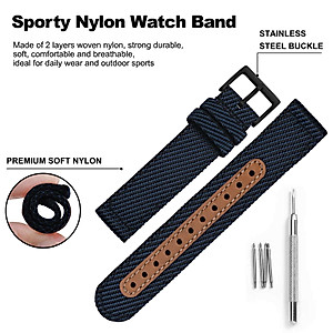 BISONSTRAP Sporty Nylon Watch Bands, Military Watch Strap for Men 22mm, Blue with Black Buckle
