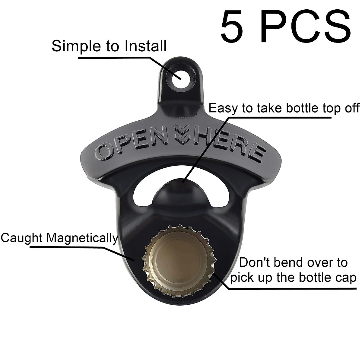 HAIICEN 5PCS Black Magnetic Beer Bottle Opener Wall Mounted Bottle Cap Opener with Magnets Embedded