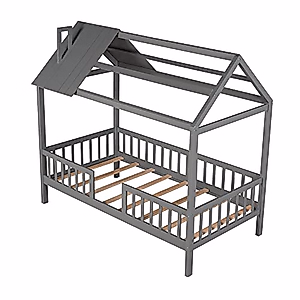 LostCat Kids House Bed,Twin Size Bed House Wood Montessori House Bed Frame with Fence and Rails, House Bed Kids Montessori Beds Playhouse Tent Bed, Wood Platform Bed Frame for s, White+Grey