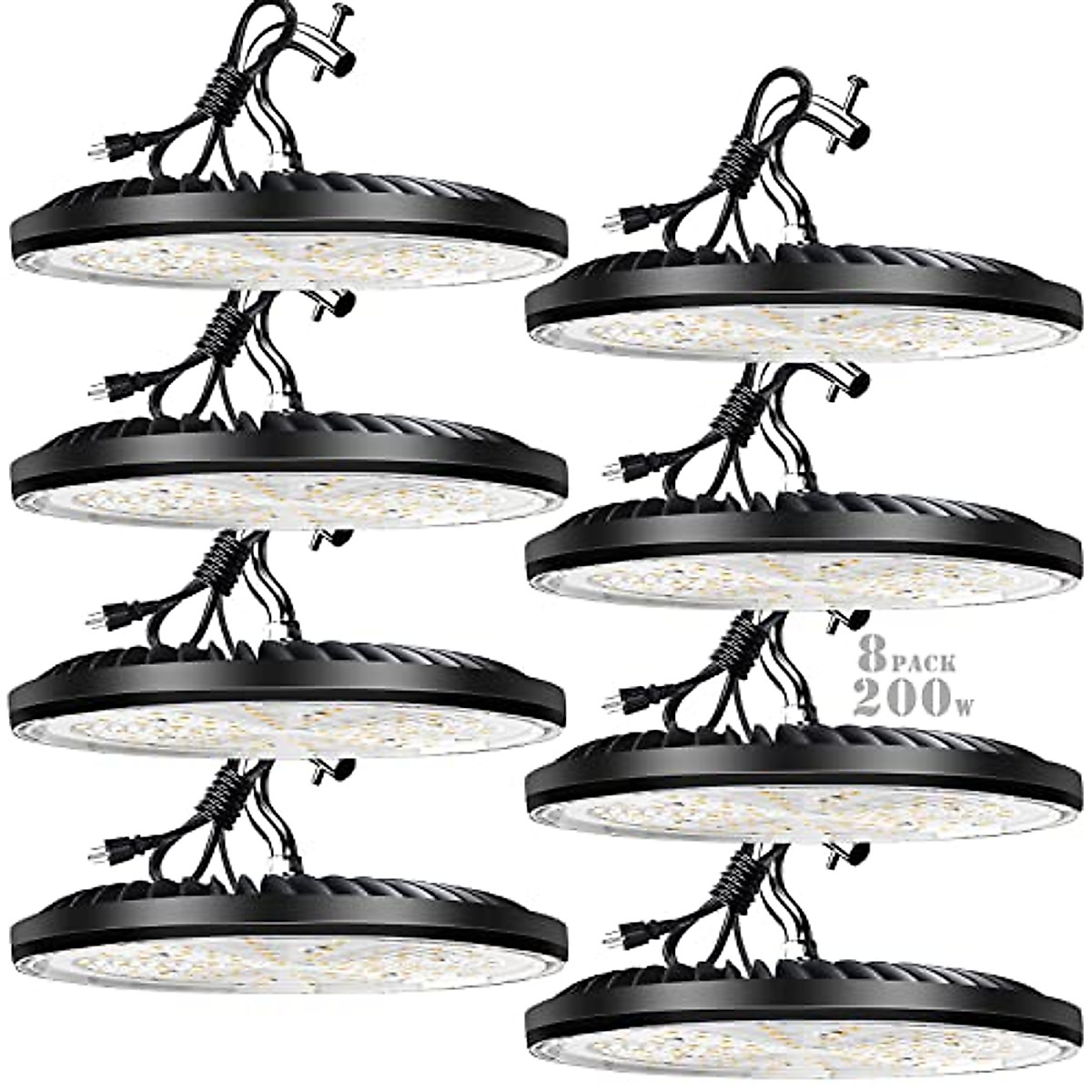 bulbeats 200W LED High Bay Light 28000lm (Eqv.800W MH/HPS) 5000K Daylight ETL High Bay LED Light with US Plug for Commercial Bay Lighting Energy Saving Upto 7300KW/5Yrs(5Hrs/Day) -8Pack