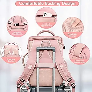 Rinlist Travel Backpack for Women, TSA-Friendly Carry-on Backpack Airline Approved, Hiking Sport Casual Daypack Rucksack Waterproof Personal Item Backpack for Work Business College, Pink