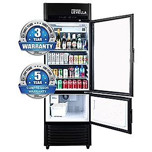 PremiumLevella PRFIM1257DX Single Glass Door Merchandiser Refrigerator-Freezer with Automatic Ice Maker Display Beverage Cooler-12.5 cu ft-Black