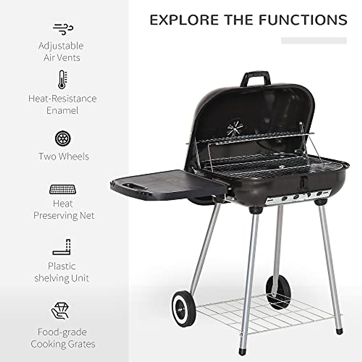Outsunny 38'' Steel Charocal Grill with Portable Wheel, Side Tray and Lower Shelf for Outdoor BBQ for Garden, Backyard, Poolside