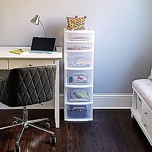 Homz 6 Drawer Plastic Storage and Organizer Tower, Cabinet for Home, Office, Classroom, Craft, Art Supplies, Clothes, White Frame/Clear Drawers