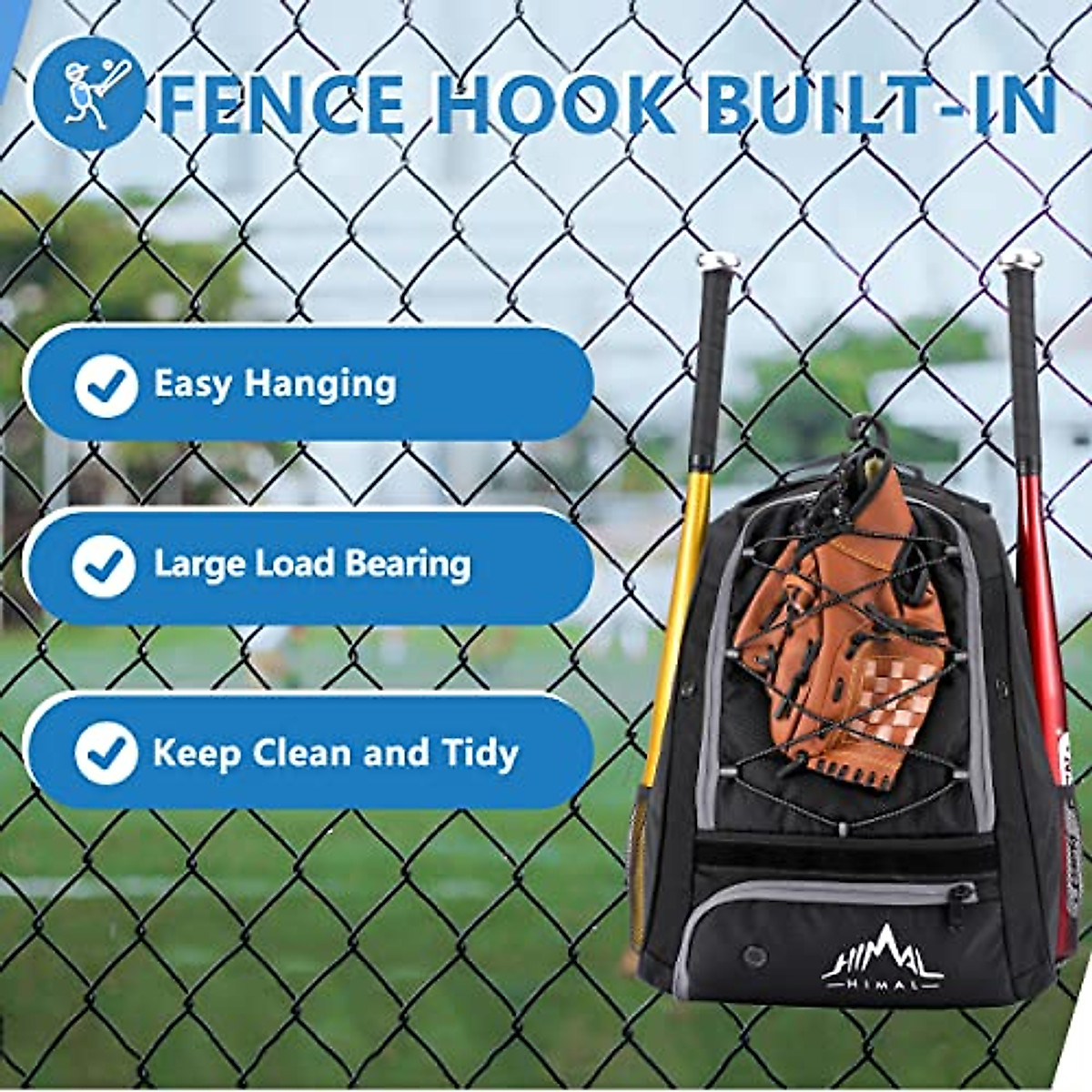 Himal Outdoors Baseball Bag - Bat Backpack for Baseball, T-Ball & Softball Equipment & Gear for Adults | Holds Bat, Helmet, Gloves and Cleats | Shoes Compartment & Fence Hook