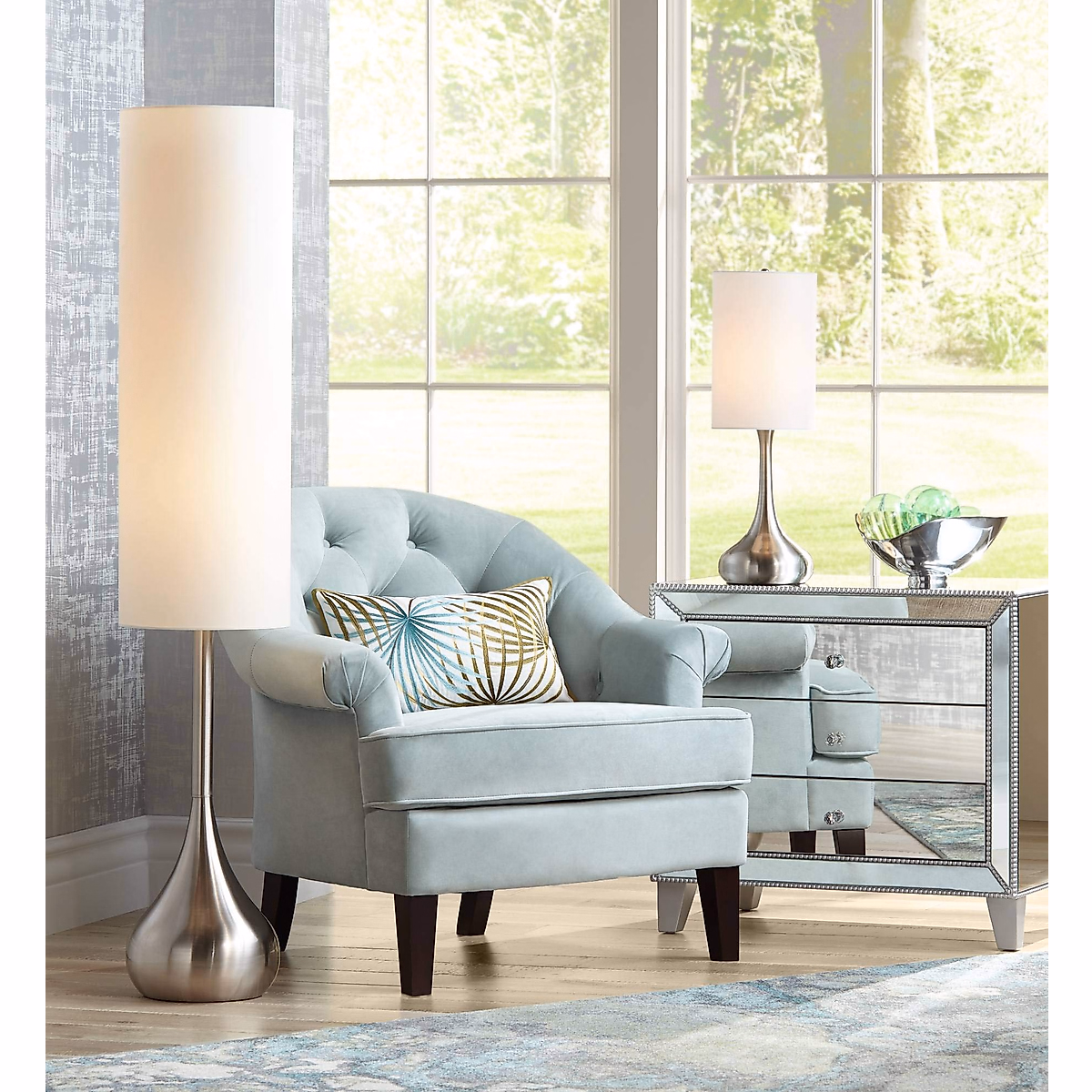 Possini Euro Design Mid Century Modern Retro Floor Lamp Standing 62" Tall Dark Bronze Metal Droplet Off-White Cotton Cylinder Shade Decor for Living Room Reading House Bedroom Home