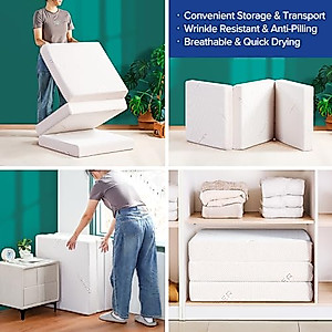 Olee Sleep Tri-Folding Antibacterial Memory Foam Mattress Topper, 4 Inch Copper Bamboo Gel Folding Mattress, Washable Cover, CertiPUR-US Certified, Soft, White, Single Size