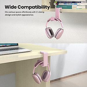 Rotating Headphone Stand - EURPMASK PC Gaming Headset Stand, Adjustable Clamp-on Headphone Holder, Headphone Hanger Hook Under Desk with 360 Degree Swivel&Cable Clip Organizer - Pink