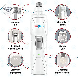 REXIPETS Cat and Dog Nail Grinder - Rechargeable Electric Pet Nail Clipper & Trimmer- Painless Paws Grooming - Quiet 2-Speed Motor. 3 Size Ports for Small, Medium, Large Pets- Up to 4 Hours of Charge