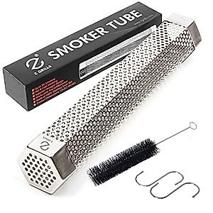 Z GRILLS Pellet Smoker Tube with 2 Hooks and Brush, 12" BBQ Billowing Smoke Mesh Stainless Steel for Cold/Hot Smoking