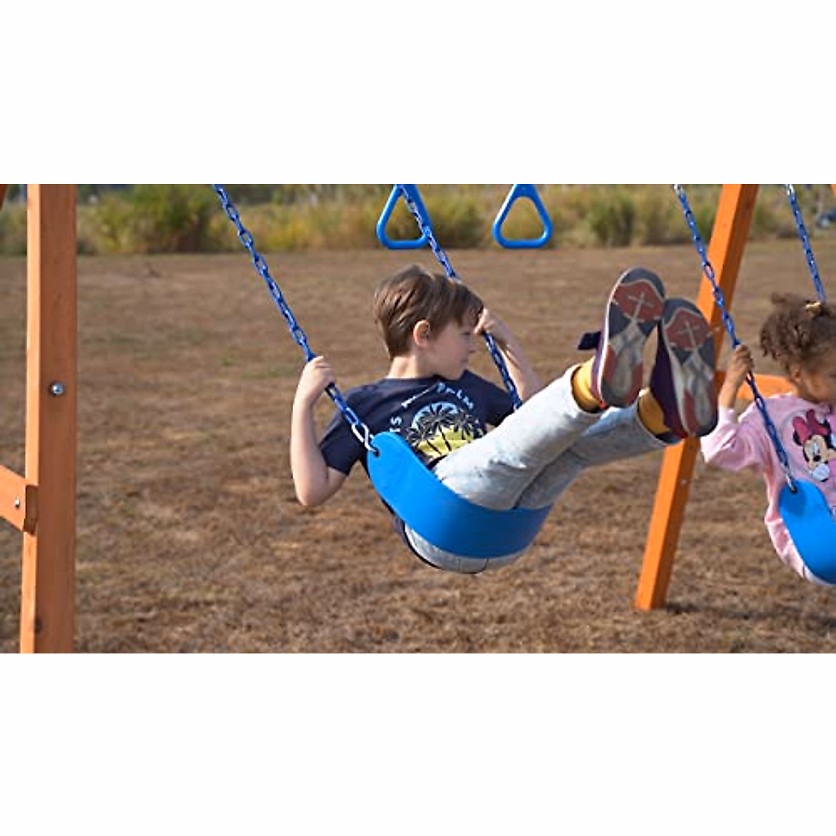 Dolphin Playground Wooden Swing Sets for Backyard, Family DIY Kit for Any Swings, Outdoor Playset for Kids with Trapeze Swing Bar and 2 Belt Swings, Heavy Duty Playground Accessories, Ages 3-12