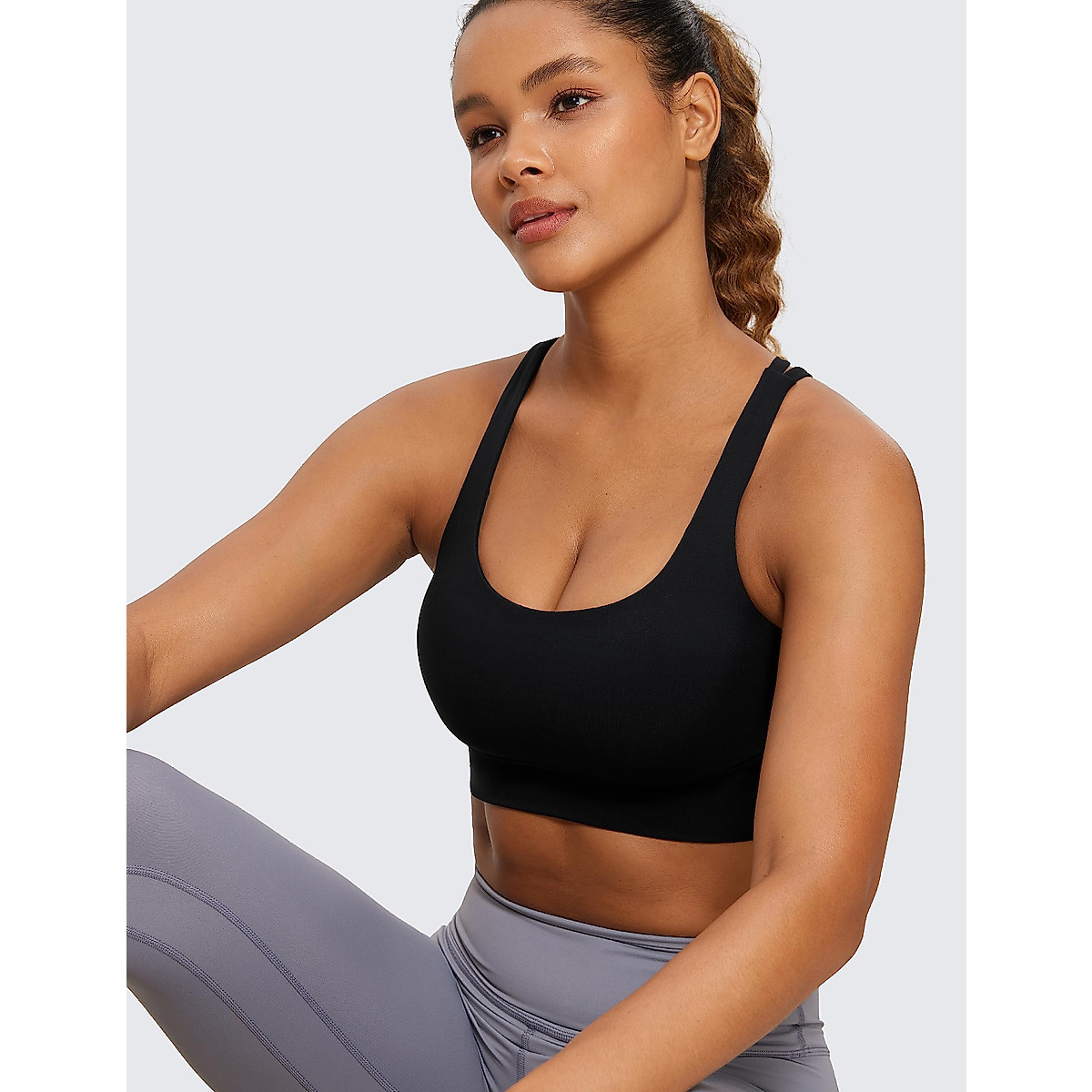 CRZ YOGA Womens Strappy Longline Sports Bra - Medium Impact Criss Cross Yoga Padded Workout Crop Top Black Medium
