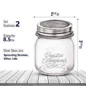 Bormioli Rocco Quattro Stagioni Set Of 2 Mason Jars, Stainless Steel Mesh Lid Sprouting Strainer - Sifter - Sieve Lid, 8.5 Oz. Durable Glass, Made In Italy.