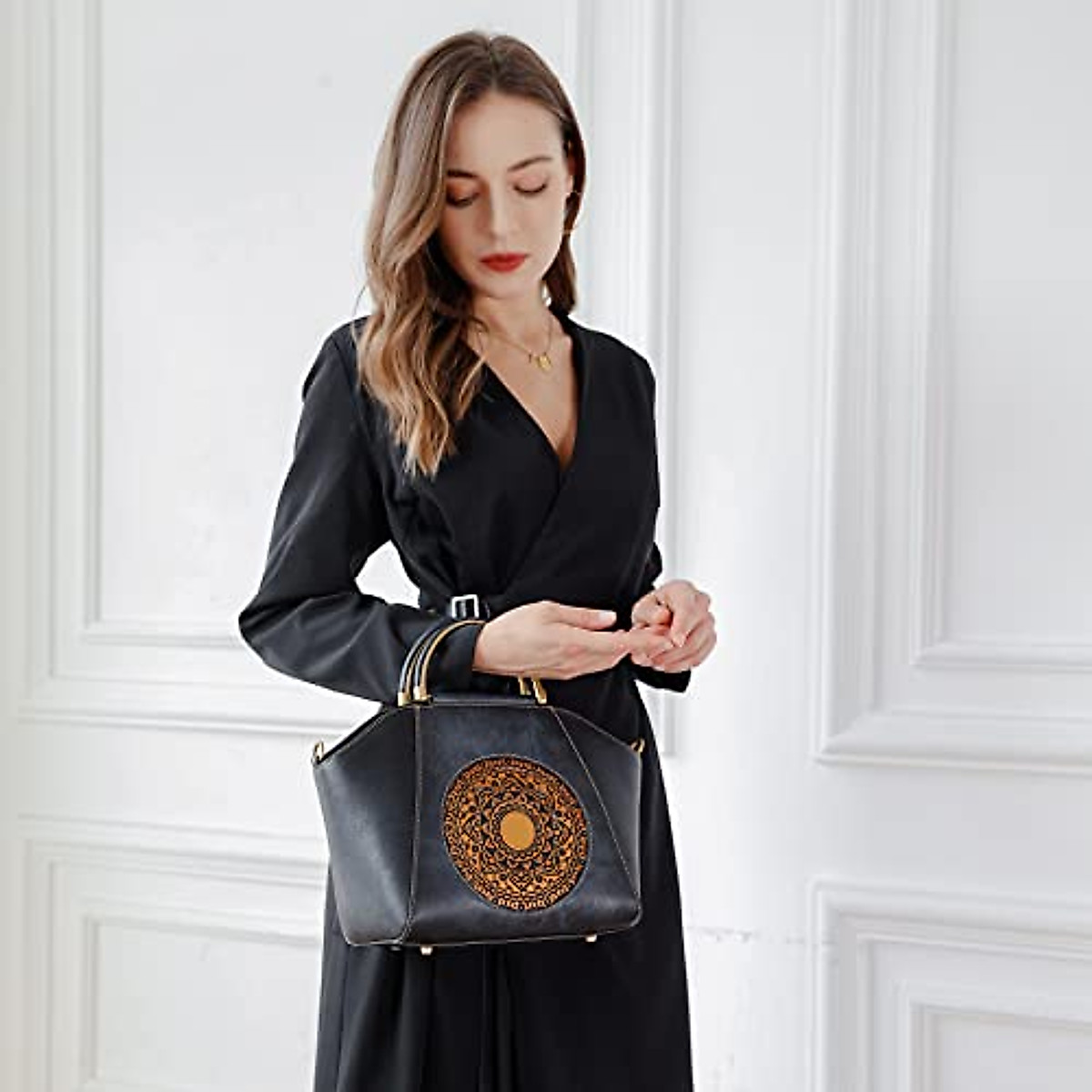 HESHE Vintage Leather Purses for Women Organizer Top Handle Tote Bags Shoulder Bag Laides Handbags(Grey)