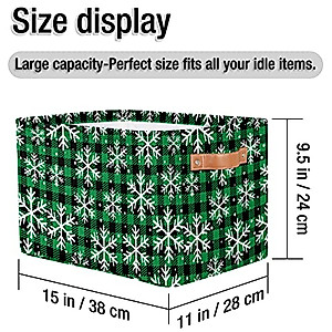 Christmas Buffalo Plaid Collapsible Cube Storage Basket BinS, Check Snow Large Foldable Toys Decorative Organizers With Handles For Closet Shelf Office Cabinet Bedroom Playroom