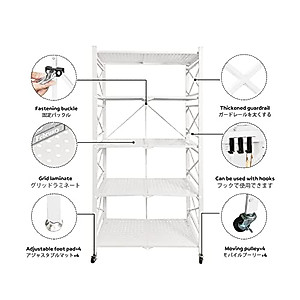 villertech Folding Shelf 5 Tier,Folding Bookshelf,Foldable Shelf,Metal Folding Storage Shelves with Wheels,Sturdy,No Assembly Folding Shelf Unit for Kitchen,Living Room,Study,Greenhouse(White)