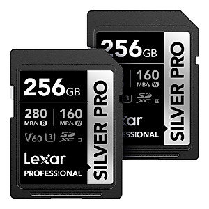 Lexar 256GB (2-PK) Professional SILVER PRO SDXC Memory Card, UHS-II, C10, U3, V60, Full-HD & 4K Video, Up To 280MB/s Read, for Professional Photographer, Videographer, Enthusiast (LSDSIPR256G-B2NNU)
