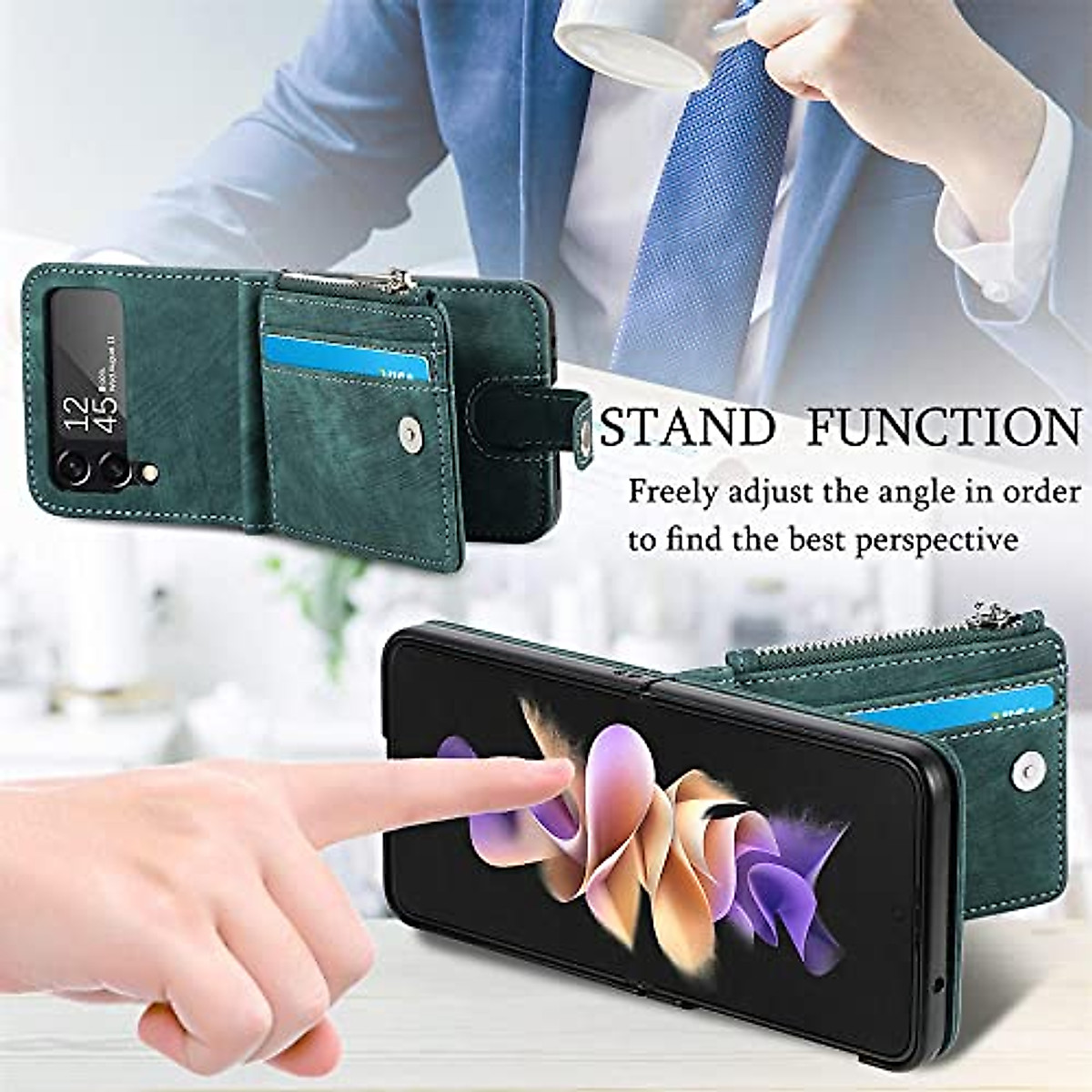 Detachable Retro Leather Zipper Wallet Folding Case for Samsung Galaxy Z Flip 4 5G Flip4 Flip3 2 in1 Cards Holder Phone Cover,Black,for Samsung Z Flip 3