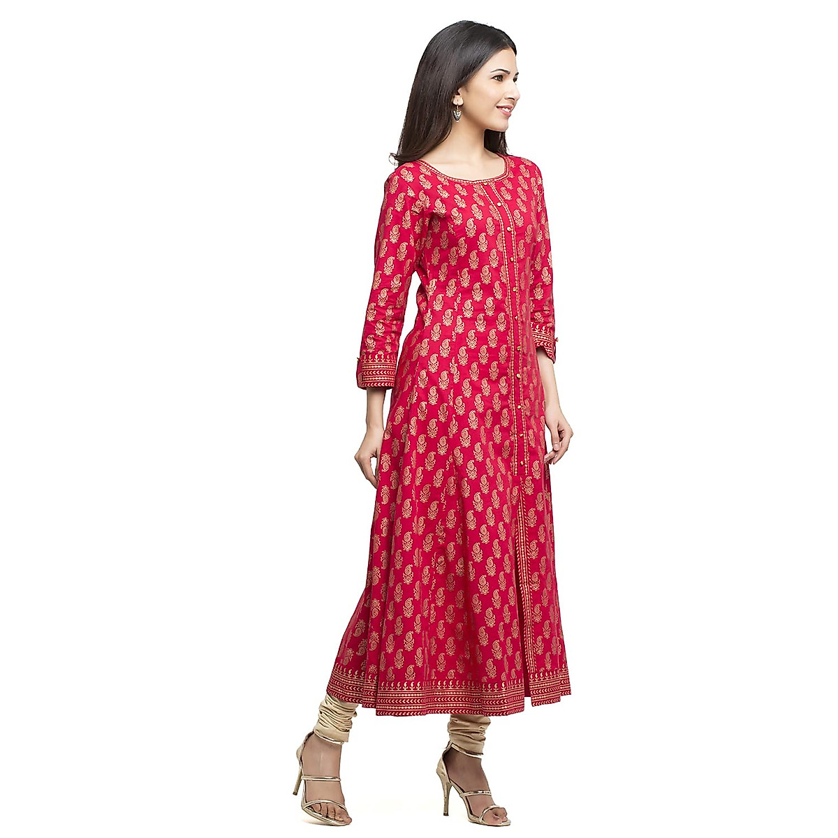 Yash Gallery Women's Cotton Gold Printed Anarkali Kurtis for Women (Red, L)
