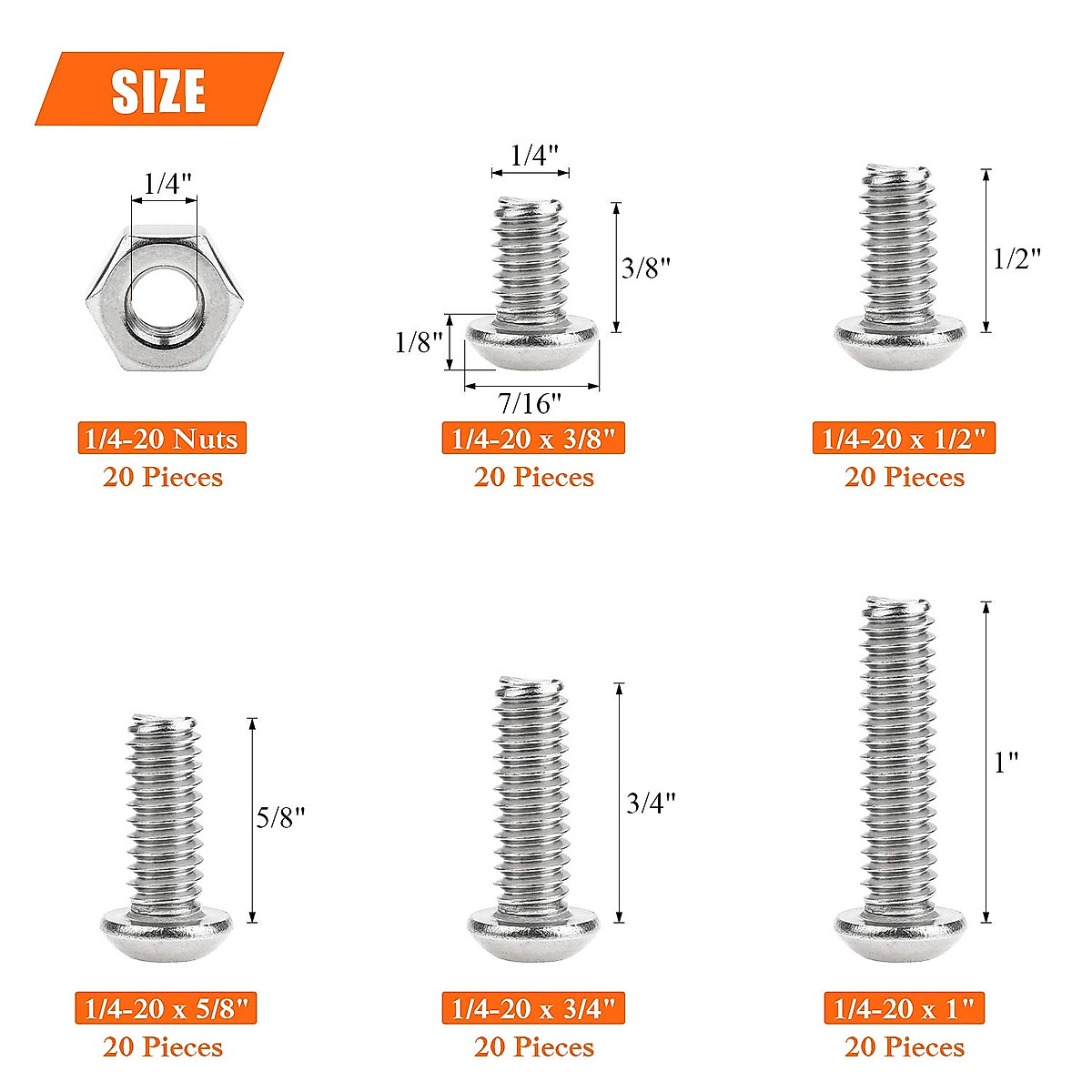 HELIFOUNER 120 Pieces 5 Sizes 304 Stainless Steel 1/4-20 x 3/8" 1/2" 5/8" 3/4" 1" UNC Thread Hex Button Head Cap Bolts Kit