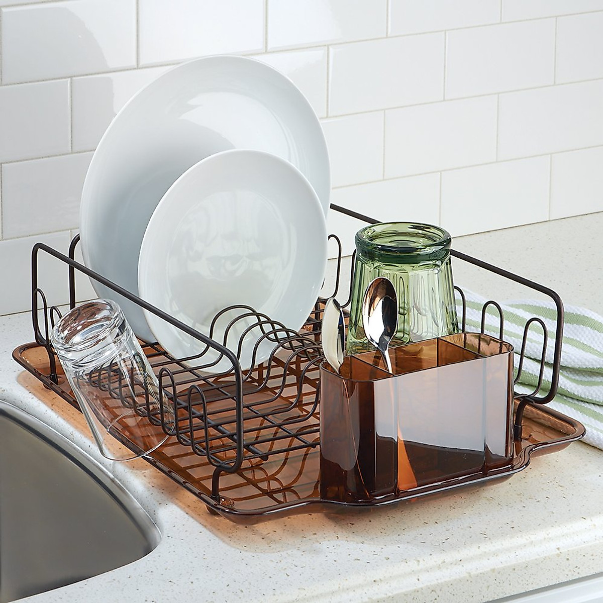 iDesign Forma Lupe Stainless Steel Metal Sink Dish Drainer Plastic Tray Kitchen Drying Rack For Glasses, Silverware, Bowls, Plates, 13.3" x 17.5" x 5.2", Bronze
