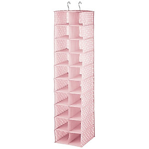 mDesign Soft Fabric Over Closet Rod Hanging Storage Organizer with 20 Shelves for Baby Room or Nursery - Tiered Hanging Organizers - Polka Dot Print - Pink/White