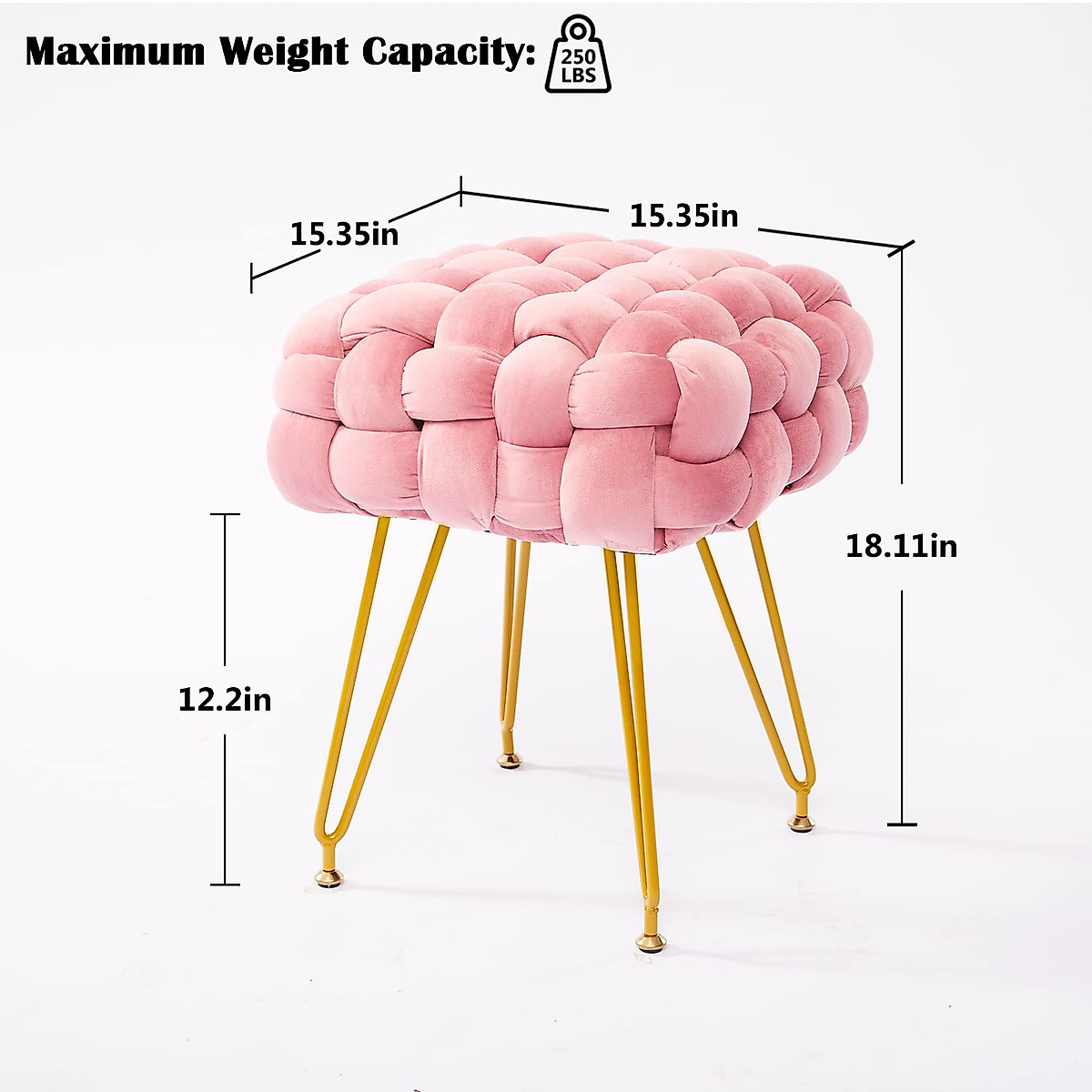 Square Velvet Vanity Stool, Upholstered Ottoman Foot Rest with Adjustable Metal Legs, Makeup Ottoman for Bedroom, Dressing Room, Living Room, Pink