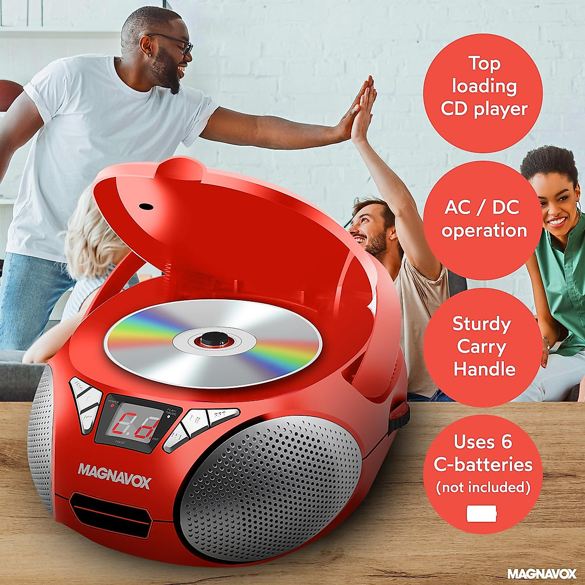 Magnavox MD6924 Portable Top Loading CD Boombox with AM/FM Stereo Radio in Black | CD-R/CD-RW Compatible | LED Display | AUX Port Supported | Programmable CD Player | (Red)