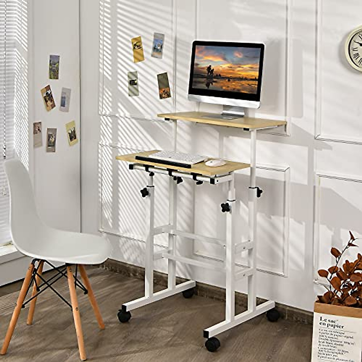 Tangkula Mobile Standing Desk Stand Up Desk, Height Adjustable Computer Desk with Standing & Seating 2 Modes, Tilting Tabletop & Flexible Wheels, Rolling Laptop Cart Sit Stand Desk