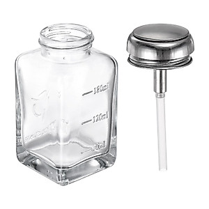 HARFINGTON 6Oz / 180ML Glass Pump Dispenser Bottle Square Clear Liquid Pumping Press Push Down Alcohol Container with Metal Flip Cover for Makeup Remover