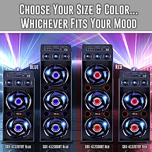 QFX SBX-412207BT TWS Bluetooth Cabinet Speaker with Dual 12" Woofers, LED Party Lights, FM Radio, USB/TF Card Ports, Aux Input, Red