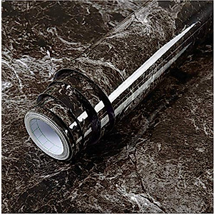 Simplemuji Black Glossy Adhesive Paper Marble Granite Look Effect Countertops Vinyl Film Backsplash Wallpaper Waterproof Oilproof Adhesive Removable 12inch X 79inch