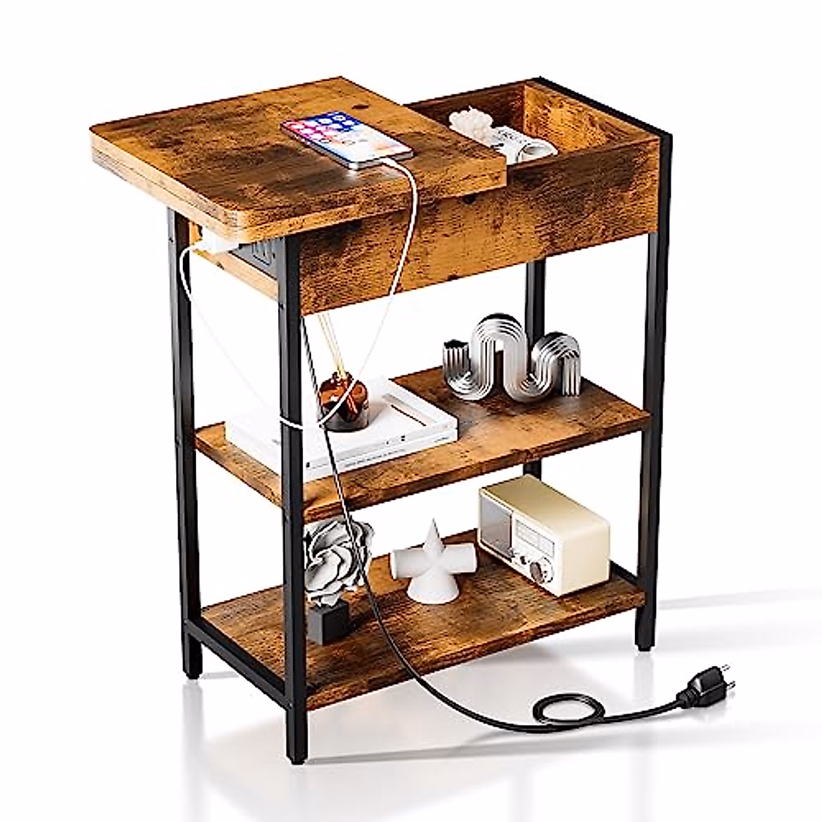 HOUIT End Table with Charging Station, Narrow Flip Top Side Table with USB Ports and Outlets, Nightstand with Storage for Small Spaces, Bedside Tables for Living Room, Bedroom