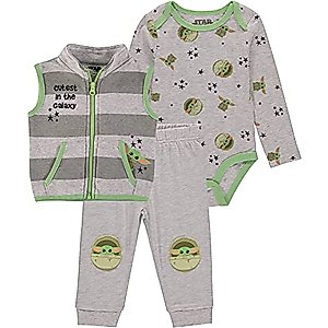 STAR WARS Baby Boy 3 Piece Baby Yoda Set Includes Bodysuit, Pants and a Zip-up Fleece Vest - 24 Months