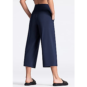 THE GYM PEOPLE Bootleg Yoga Capris Pants for Women Tummy Control High Waist Workout Flare Crop Pants with Pockets (Navy Blue, X-Large)