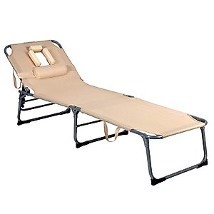 GYMAX Tanning Chair, Beach Lounge Chair with Face Hole, 5 Level Adjustable Backrest, Removable Pillow & Carry Handle, Adult Layout Sunbathing Chair for Outside Beach Poolside Lawn Patio (1, Sand)