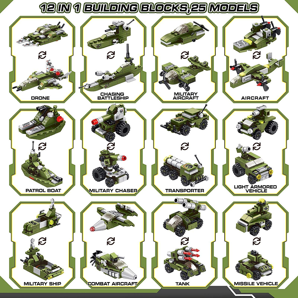 WIDELAND STEM Building Block Toys, 576PCS Military Engineering Building Bricks Toy for Kids, 25-in-1 Army Destroyer Fighter Tank Playset Construction Kits, Idea Toy Gifts for Age 6 7 8 9 10+ Years Old