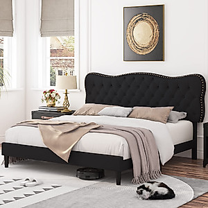 HOSTACK King Upholstered Wood Bed Frame, Black, 43.3-45.3 in