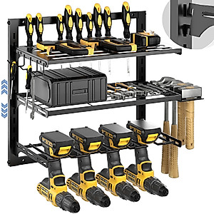 Power Tool Organizer Wall Mount, Tool Storage Rack with 4 Drill Holder, Tool Holder Bears 35lbs, Tool Shelf with Screwdriver, 3-Tier Adjustable Height Tool Rack for Garage Organization and Workshop