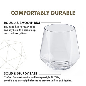 GRANDTIES 12oz Diamond Unbreakable TRITAN Cup set of 4, Plastic Drinking Glasses, BPA-free Stemless Wine Glass, Dishwasher Safe Tumbler, Made in Taiwan- Whisky, Cocktail, Pool, Highball, Party
