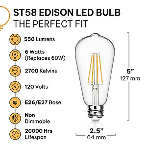 HUDSON BULB CO. Vintage Edison LED Light Bulbs 6W (6 Pack), Soft White, Non-Dimmable, E26/E27 Base, ST58 Style, 60 Watt Equivalent