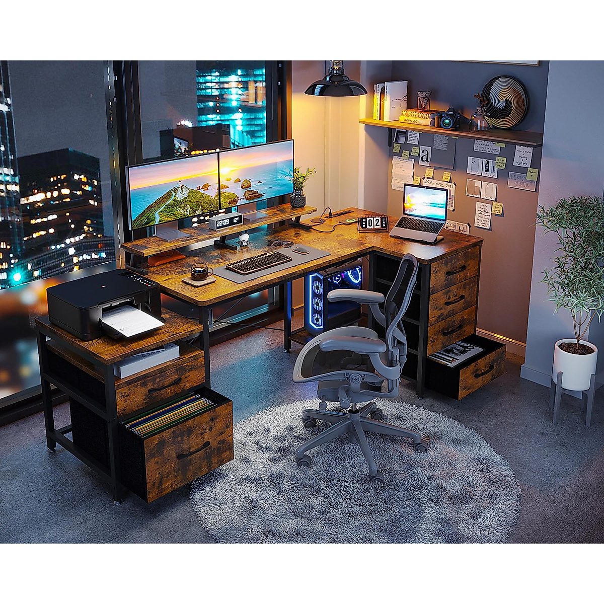 AODK L Shaped Desk with 6 Drawers & Power Outlet, 72 Inch Computer Desk with File Drawer & Printer Storage Shelves, Reversible Desk with Monitor Shelf for Home Office, Rustic Brown