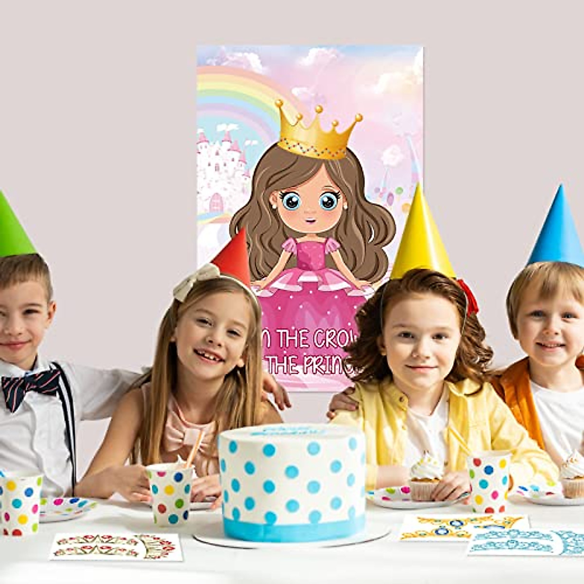Pin The Crown on The Princess Party Games for Kids Girls Princess Birthday Party Supplies Pin The Tail Game Princess Tea Party Decorations, Large Princess Poster with 24 Crown Stickers