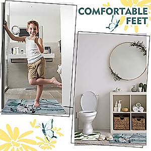 Moukeren 4 Pcs Teal Blue Daisy Butterfly Shower Curtain Set with Non Slip Rugs Toilet Lid Cover and Bath Mat Rustic Farmhouse Shower Curtain Turquoise Shower Curtain with Hooks Sets