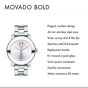 Movado Women's BOLD Iconic Metal Watch with a Flat Dot Sunray Dial, Silver/Pink/Gold (Model 3600084)