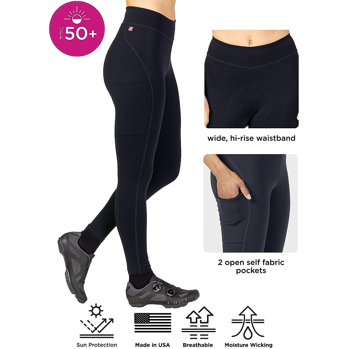 Terry Cycling Bike Pants For Women With Padding, Wayfarer Tight 27.5" High Waisted Padded Leggings For Women With Pockets - Onyx, Small